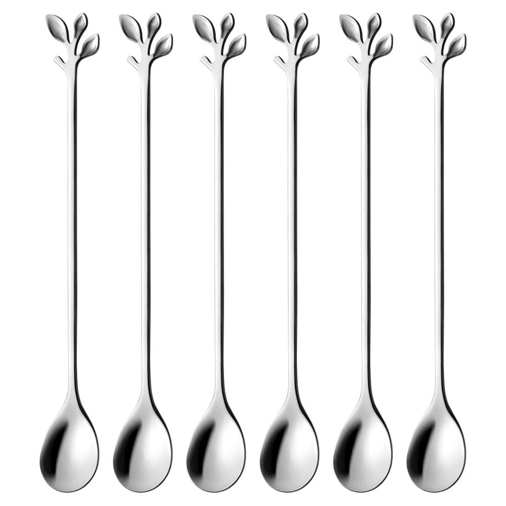 6 Pcs Dessert Spoons, 18cm Elegant Silver Creative Leaf Mini Stainless ...