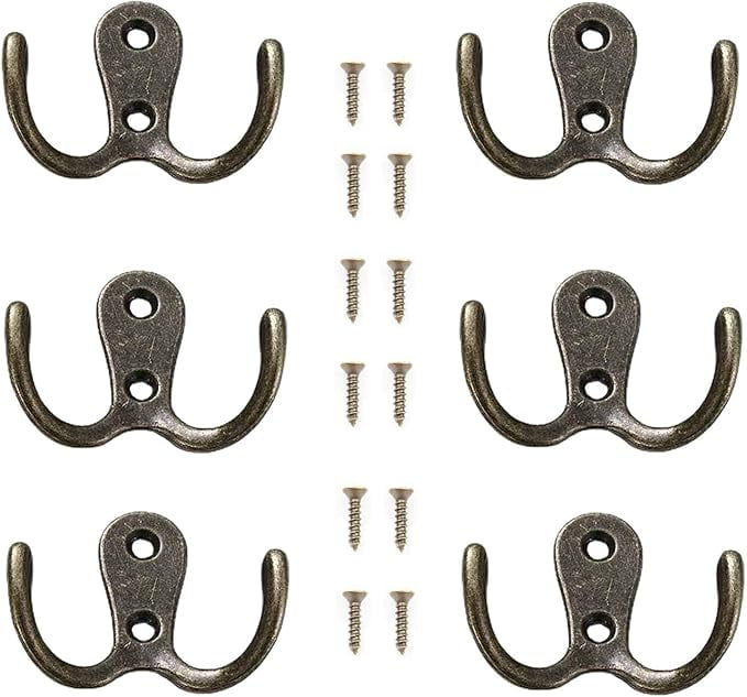 6 Pcs Double Prong Robe Hooks, Dual Coat Hooks Wall Mounted Hanging ...