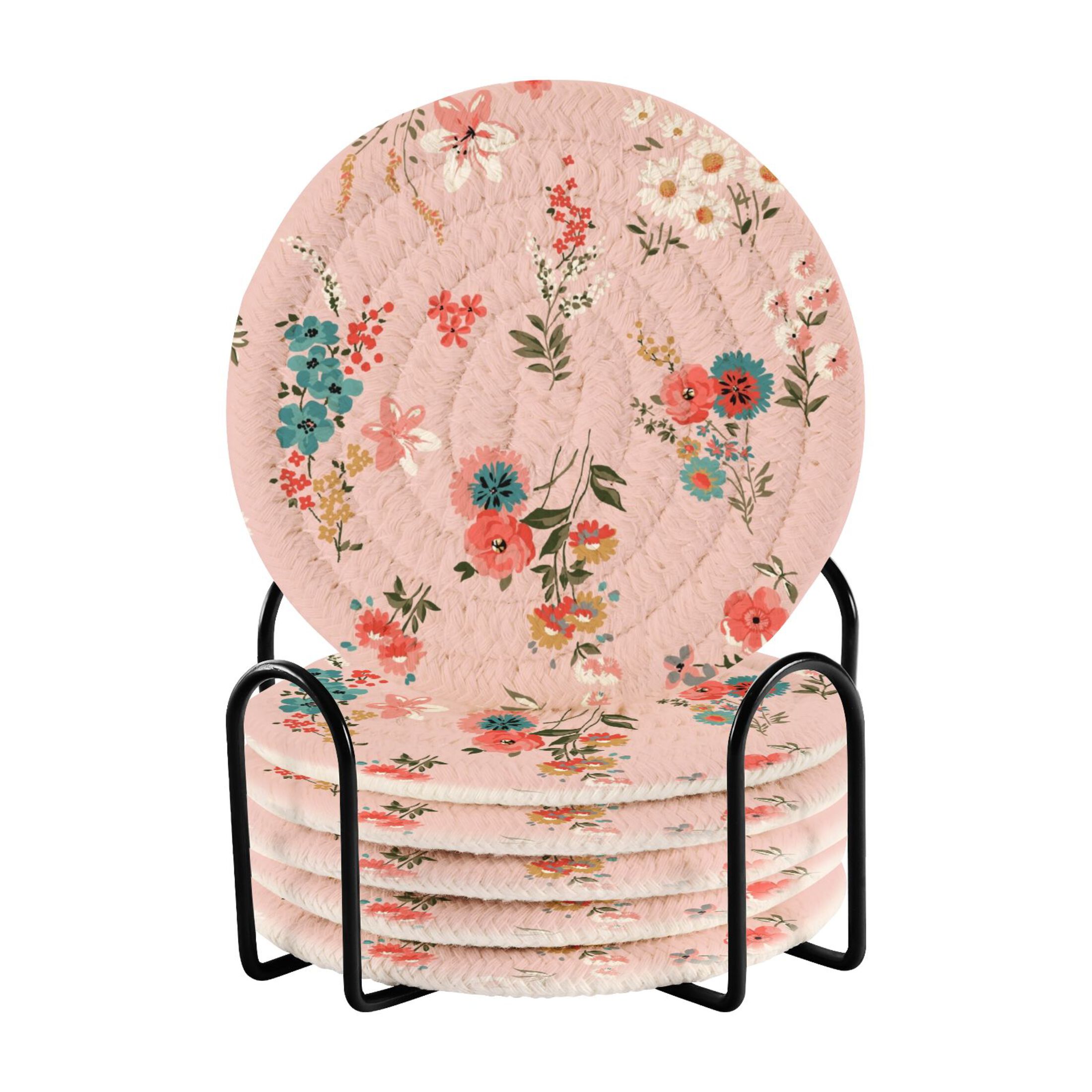 6 Pcs Drink Coasters Sets with Holder Pads Cotton Cup Heat-Resistant ...