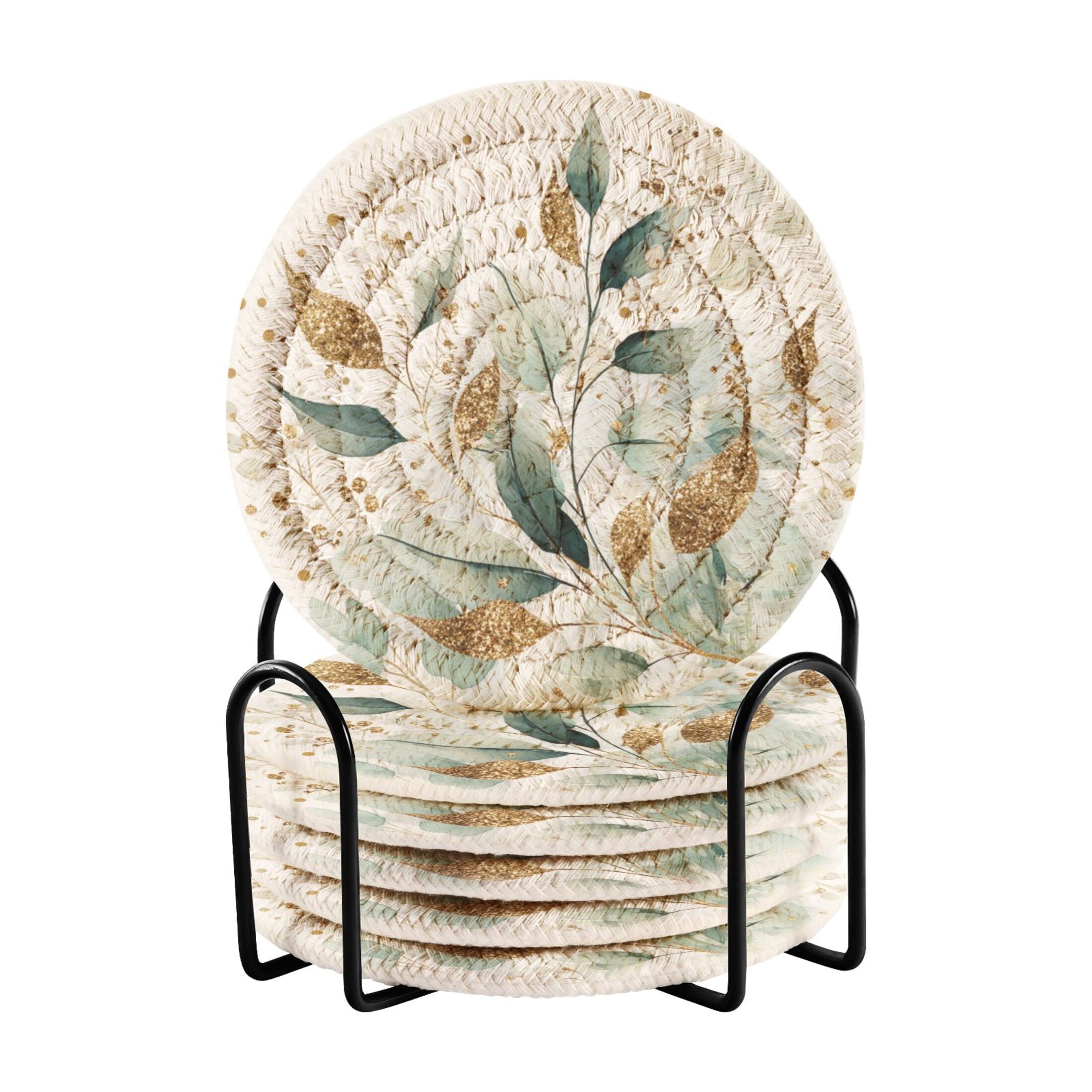 6 Pcs Drink Coasters with Holder 3.94in Woven Coasters for Drinks ...