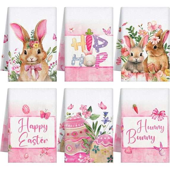 6 Pcs Easter Kitchen Towels Bunny Hand Tea Towels Lovely Bunny Egg Dish ...