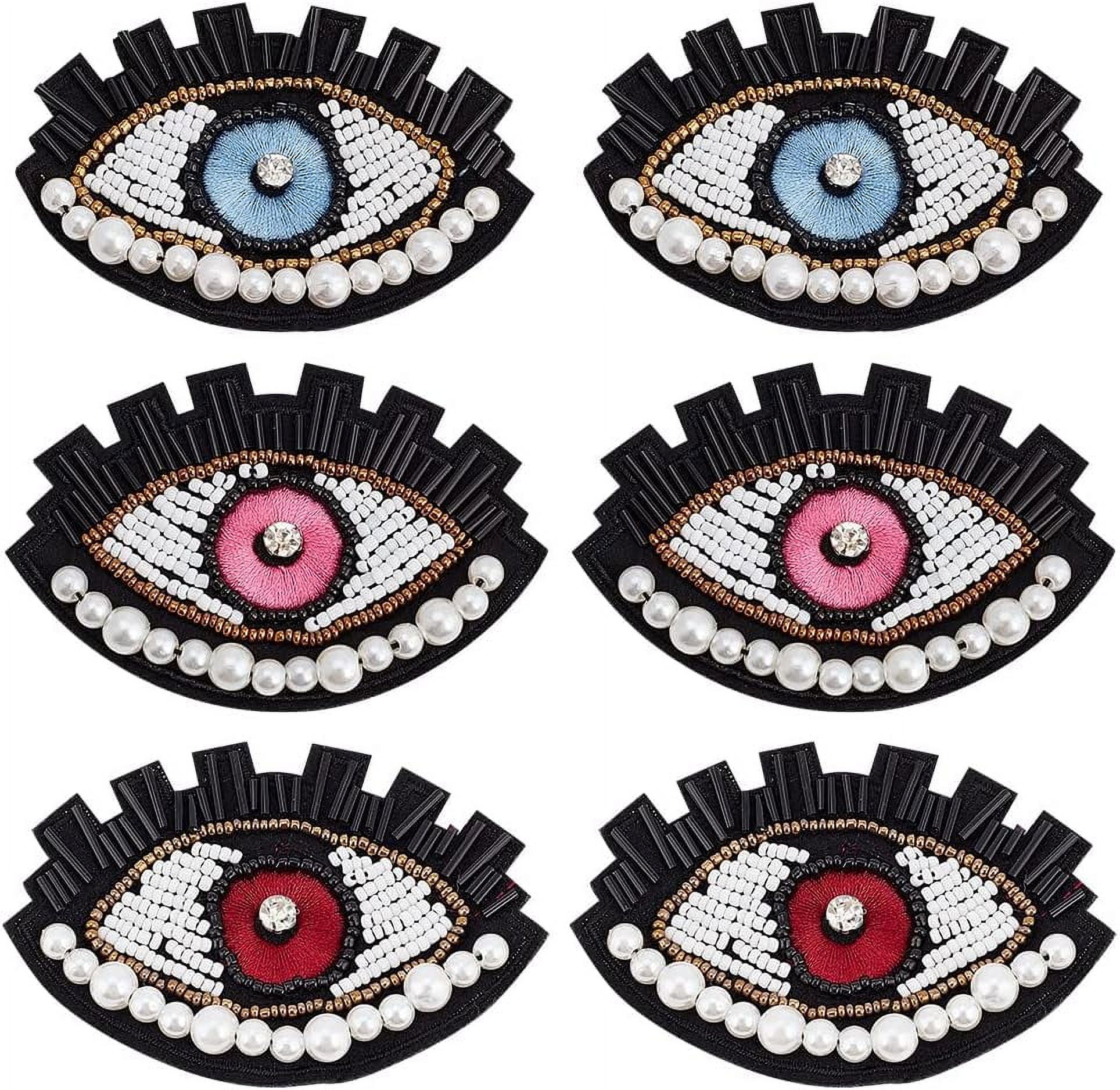 6 Pcs Eye Beaded Patches for Clothes 3 Colors Large Evil Sequined Patch Sew on Rhinestone Pearl ...