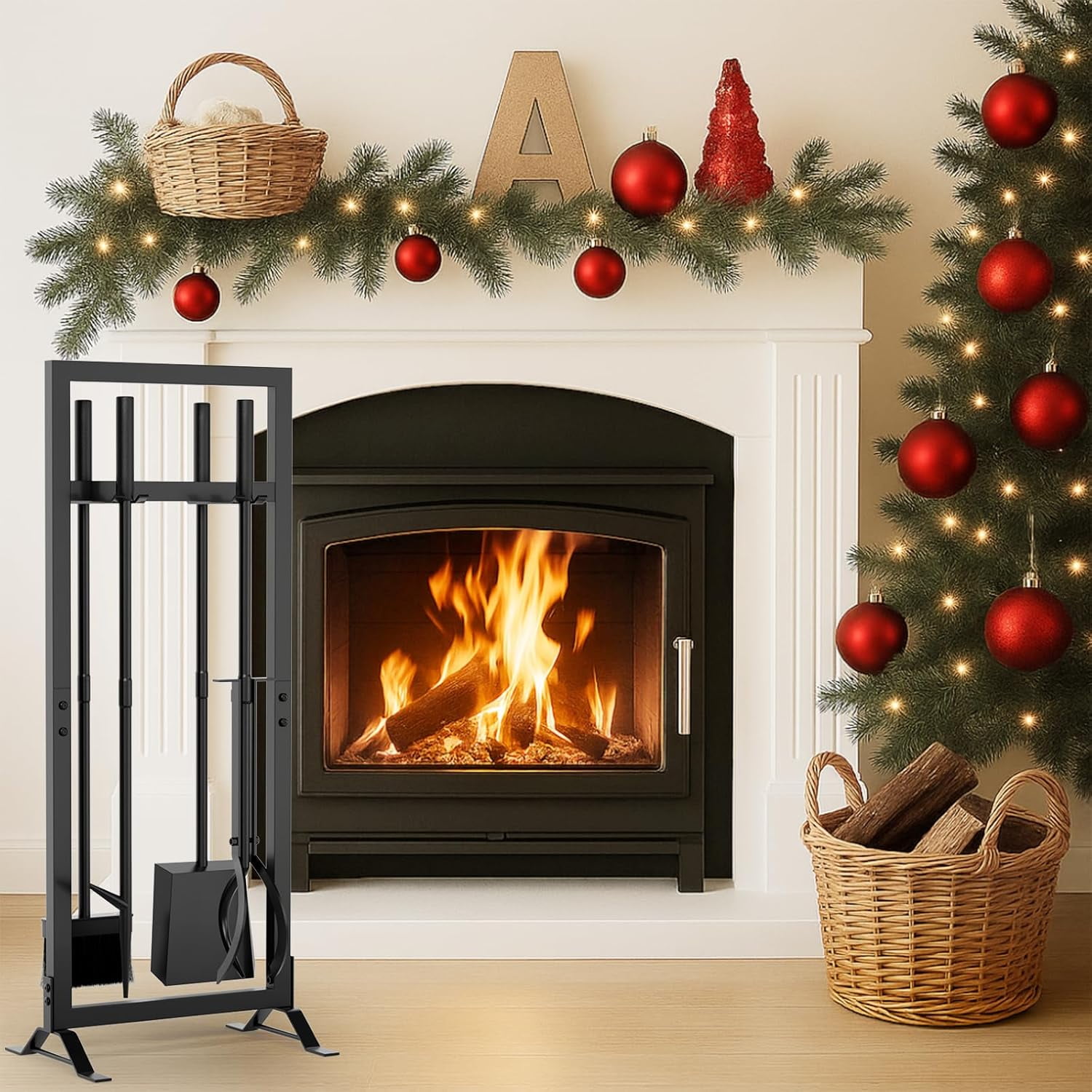 6 Pcs Fireplace Tools Set with Log Carrier, 34" Fireplace Accessories ...