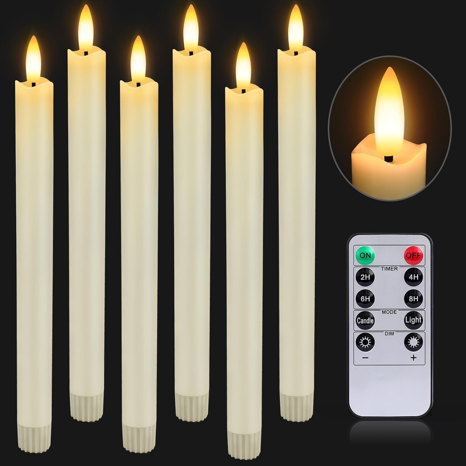 6 Pcs Flameless Taper Candles with Remote & Timer 9.6 inch Real Wax ...