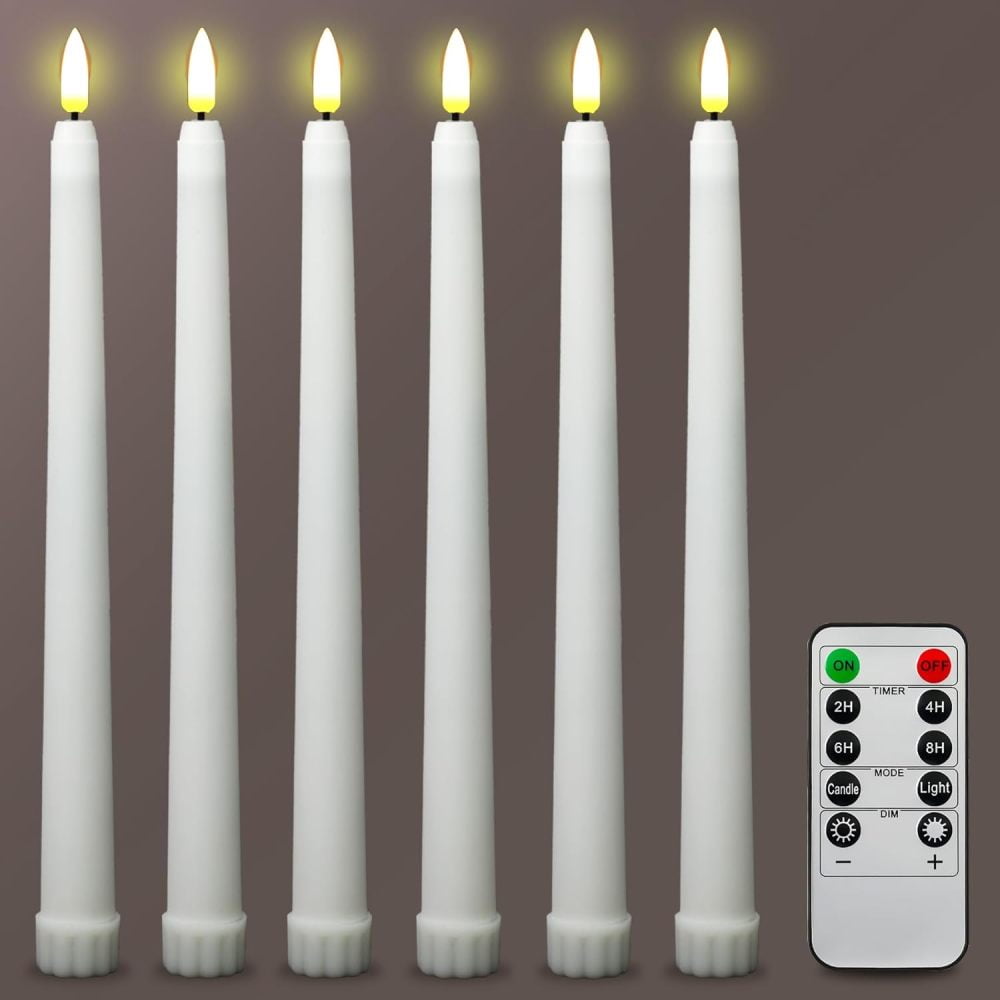 6 Pcs Flameless Taper Candles with Remote Timer Dimmer, 11 inches White ...