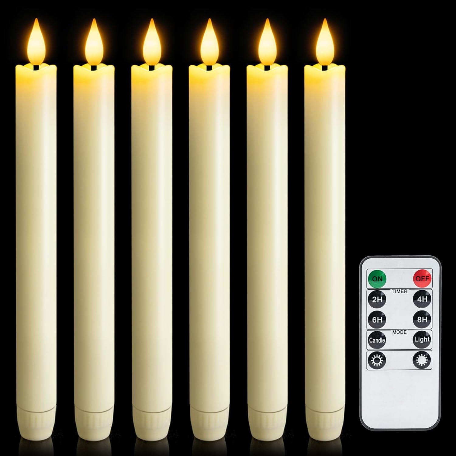 6 Pcs Flameless Taper Candles with Remote Timer Dimmer, 9.6 inches ...