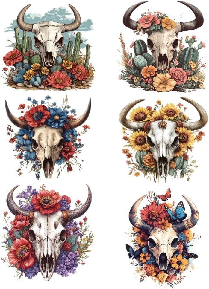 6 Pcs Flower Cows Skull Iron on Decals Patches Western Style Cactus ...