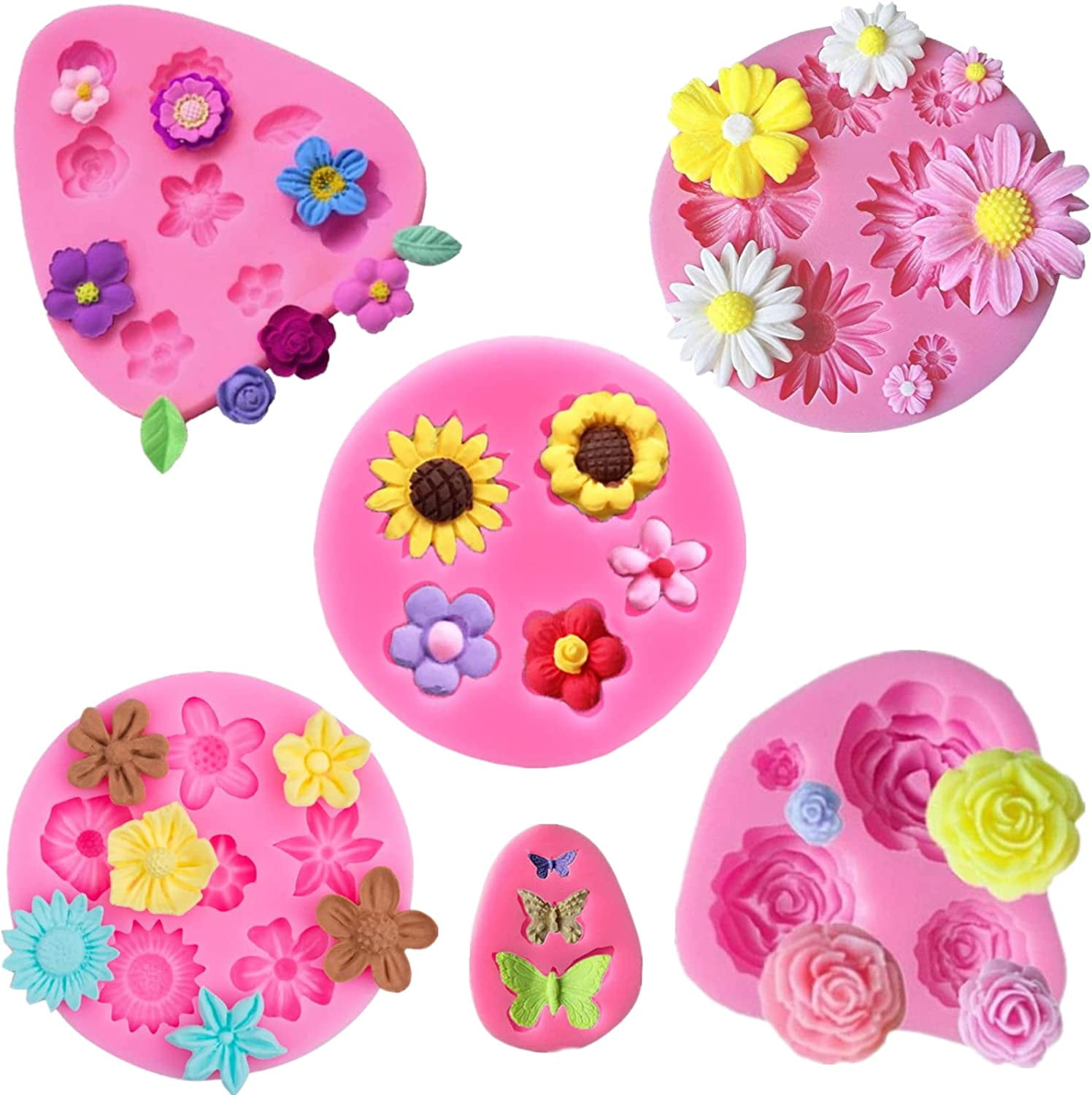 6 Pcs Flower Silicone Mold Set,Rose Daisy Butterfly and Mini Flowers ...