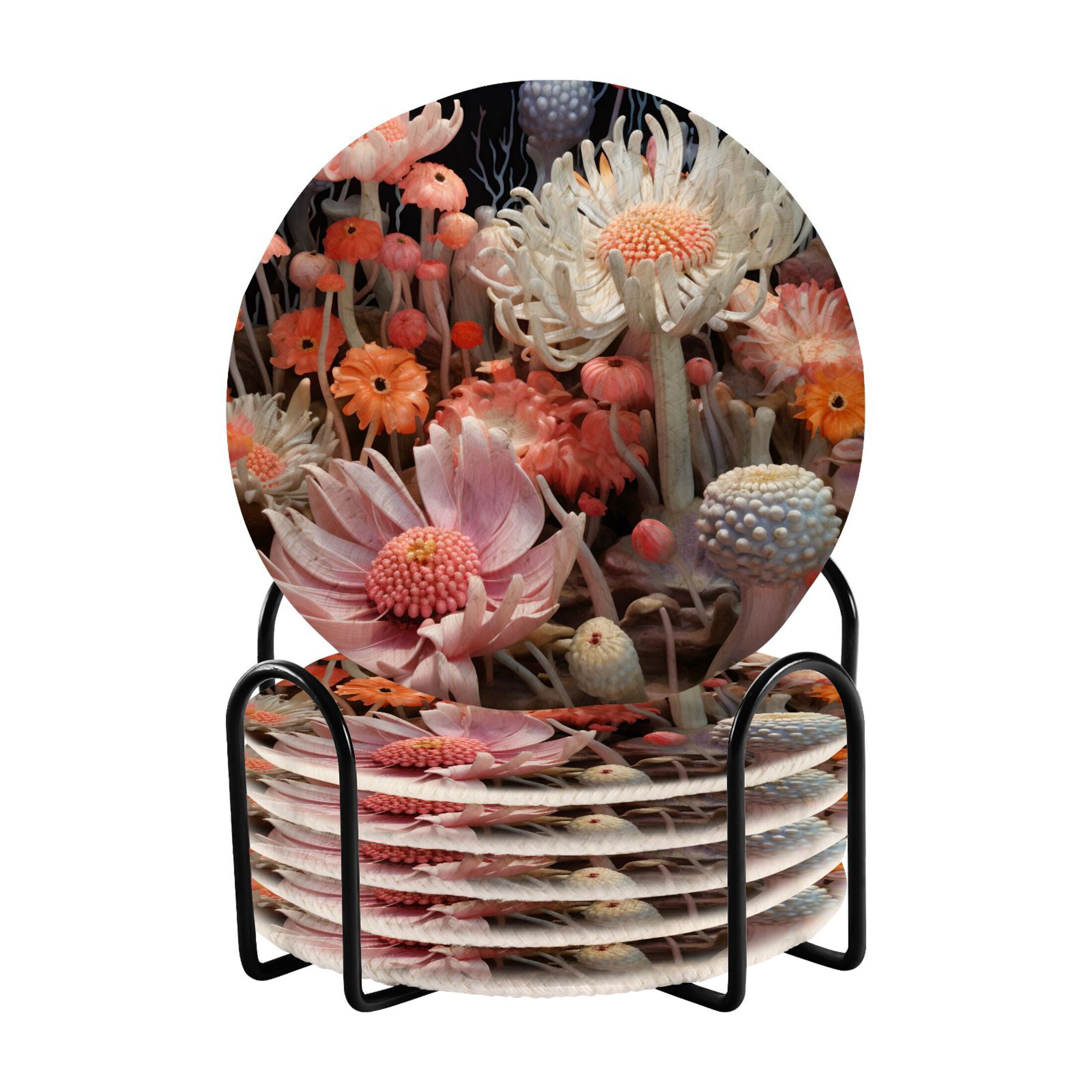 6 Pcs Flowers Blossom Drink Coasters with Holder Absorbent Coaster Sets ...