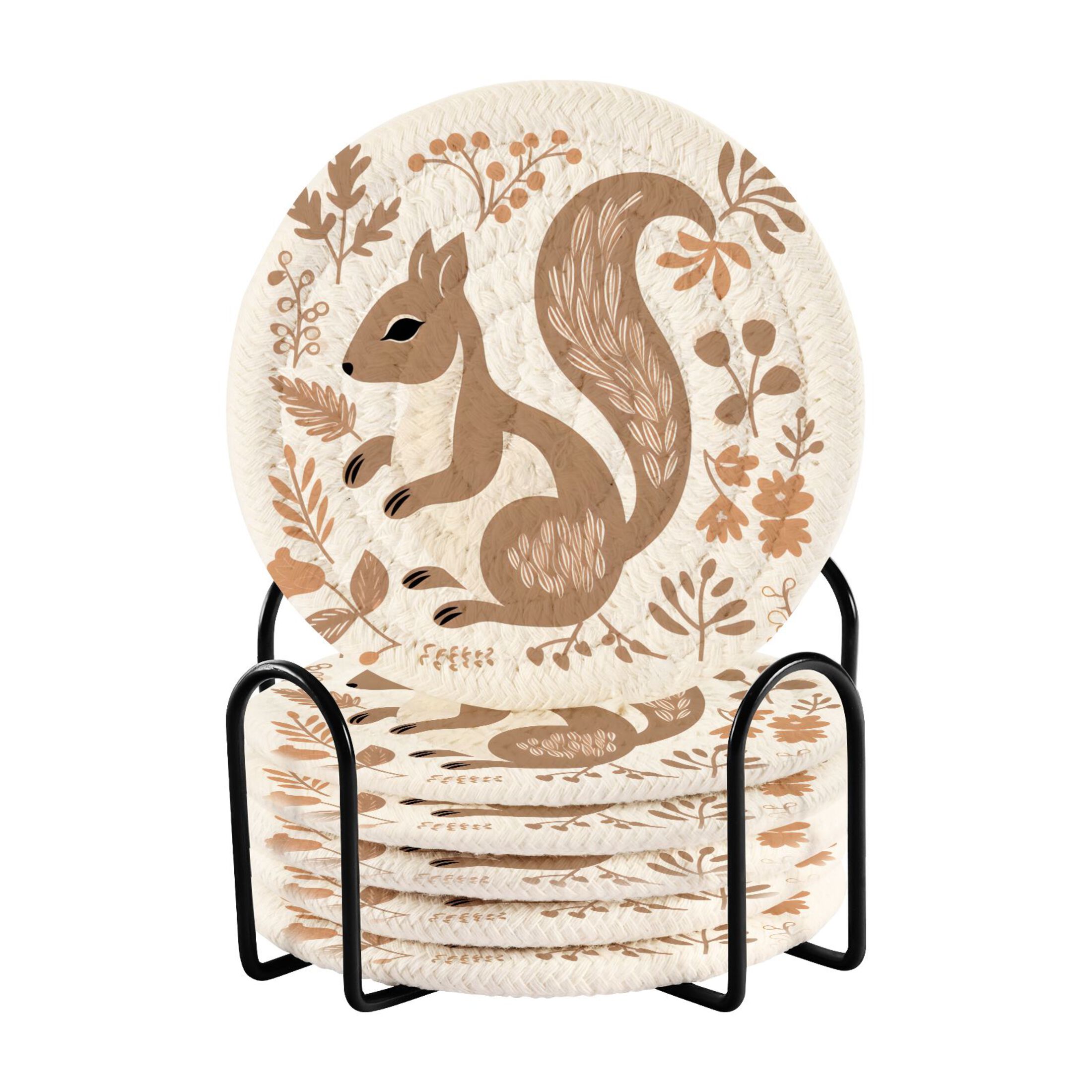 6 Pcs Fox and Leaves Drink Coasters with Holder Absorbent Coaster Sets ...