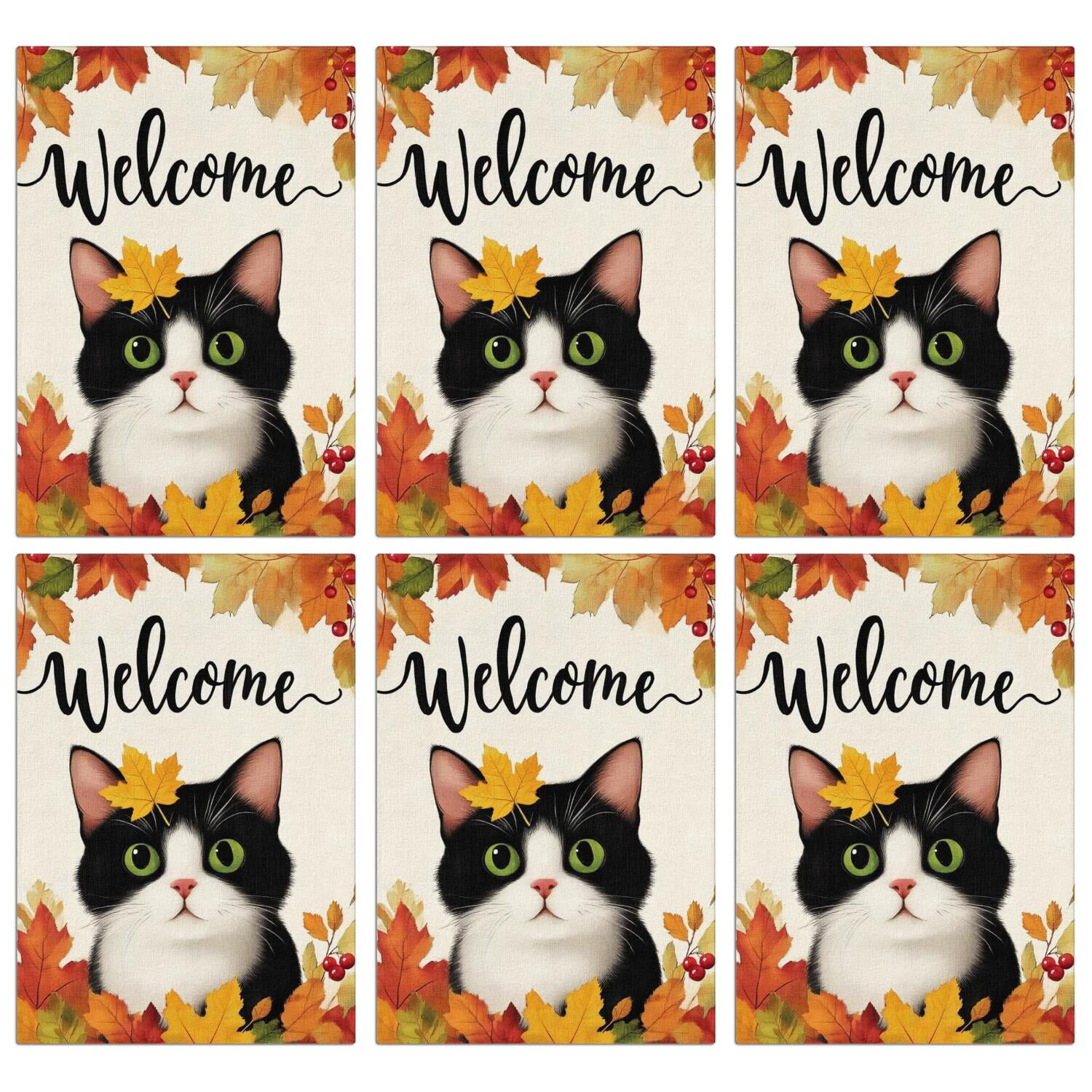 6 Pcs Funny Kitchen Towels,Fall Welcome Cat with Leaves Microfiber Dish ...