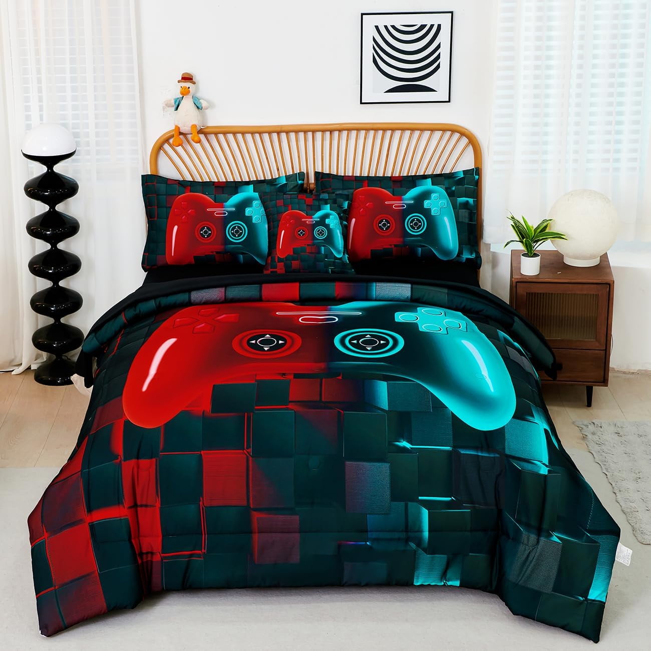 6 Pcs Gaming Comforter Sets for Teen Boys Red and Teal Game Kids Bed in ...