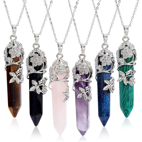 6 Pcs Gemstone Pendants Set Bullet Shape Charms Stone Pendants and 6 Pcs 304 Stainless Steel ...