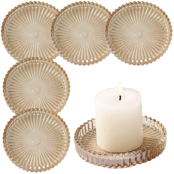6 Pcs Glass Candle Trays, Striped Embossed Round Plates with Gear Edge ...