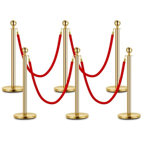 6 Pcs Gold Stanchion Post Queue and 5 Ft Red Velvet Ropes, Stainless ...