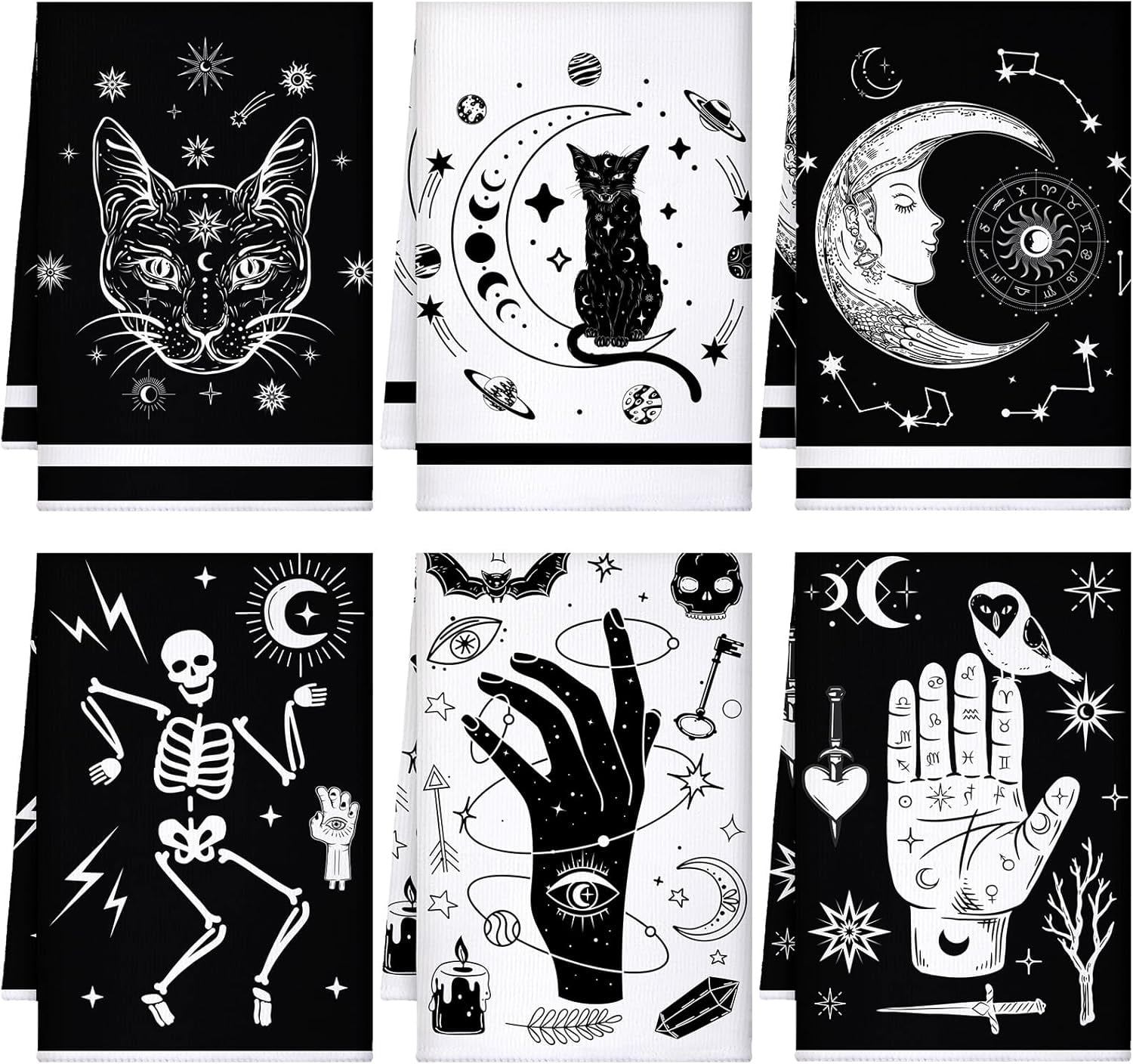 6 Pcs Gothic Kitchen Towels Skull Tarot Dish Hand Towels Skeleton Moon ...