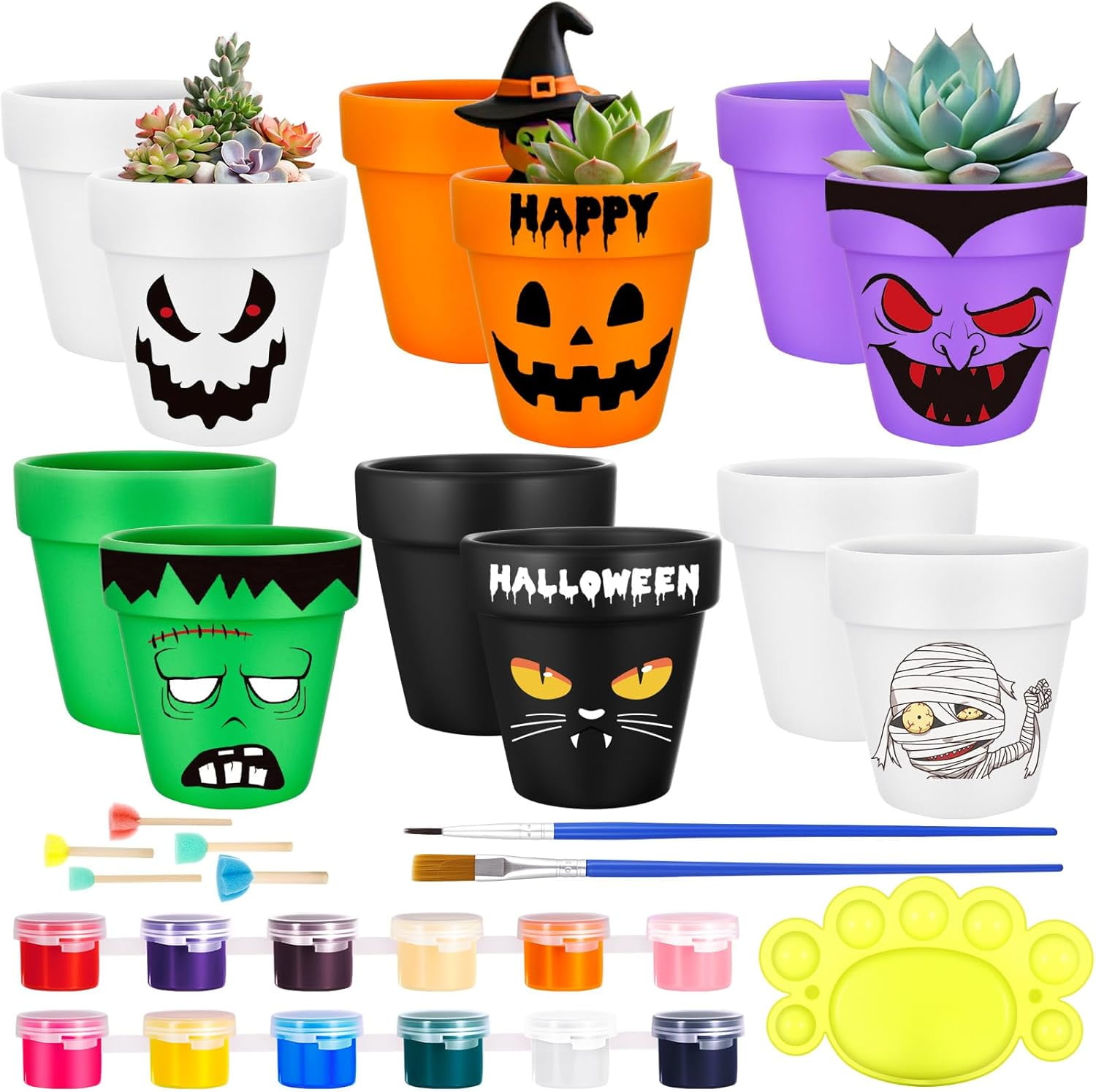 6 Pcs Halloween Ceramic Succulent Pots for Painting Kits-5 Colors ...