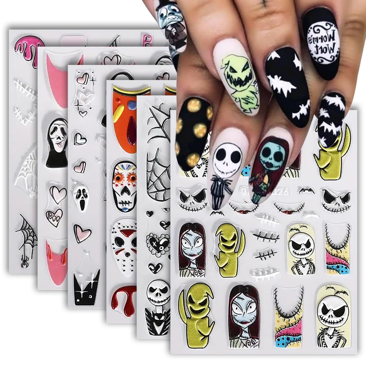 6 Pcs Halloween Nail Art Stickers Decals 5D Embossed Scary Ghost ...