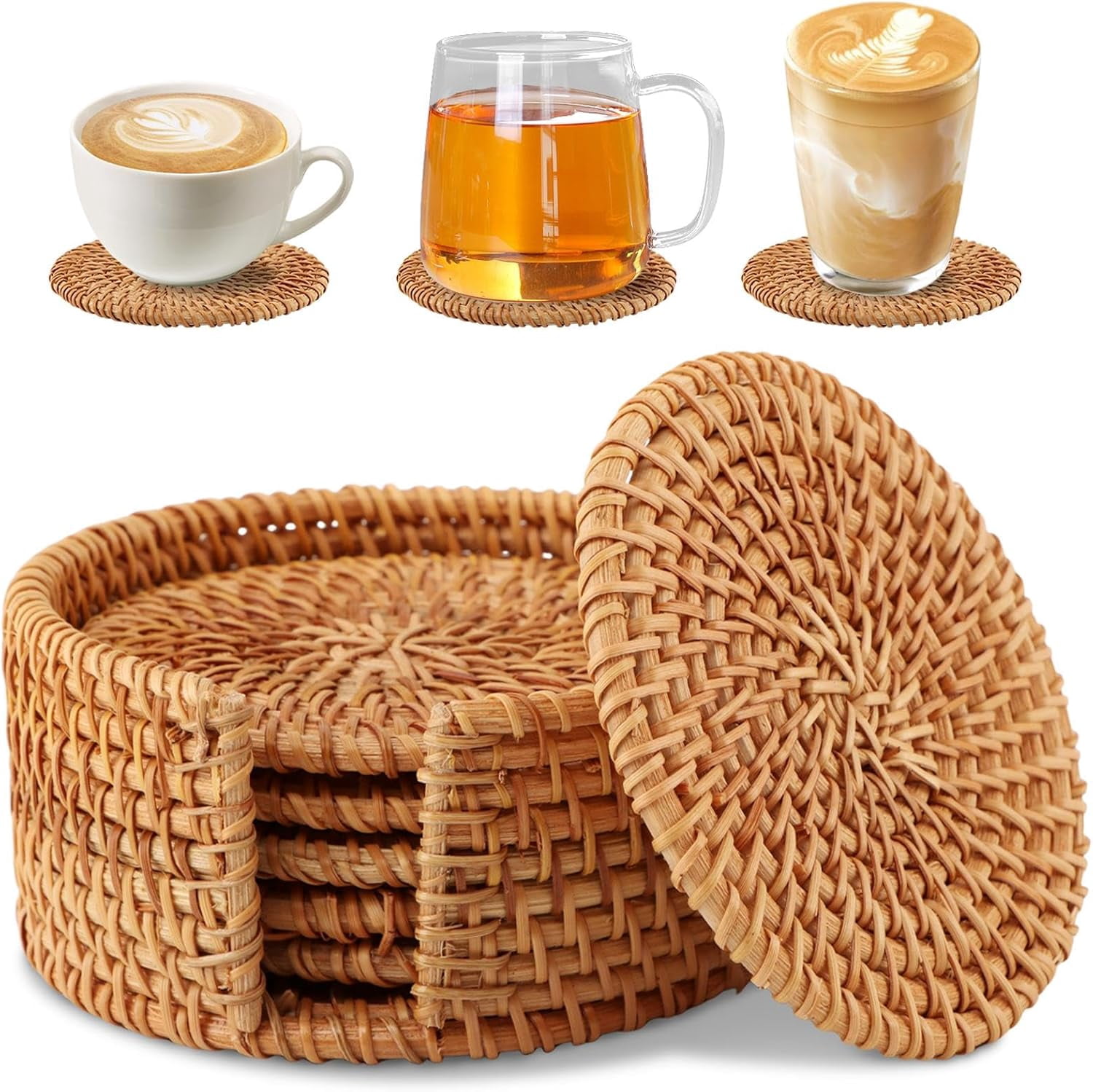 6 Pcs Handmade Rattan Coasters with Holder,Natural Wicker Boho Coaster ...