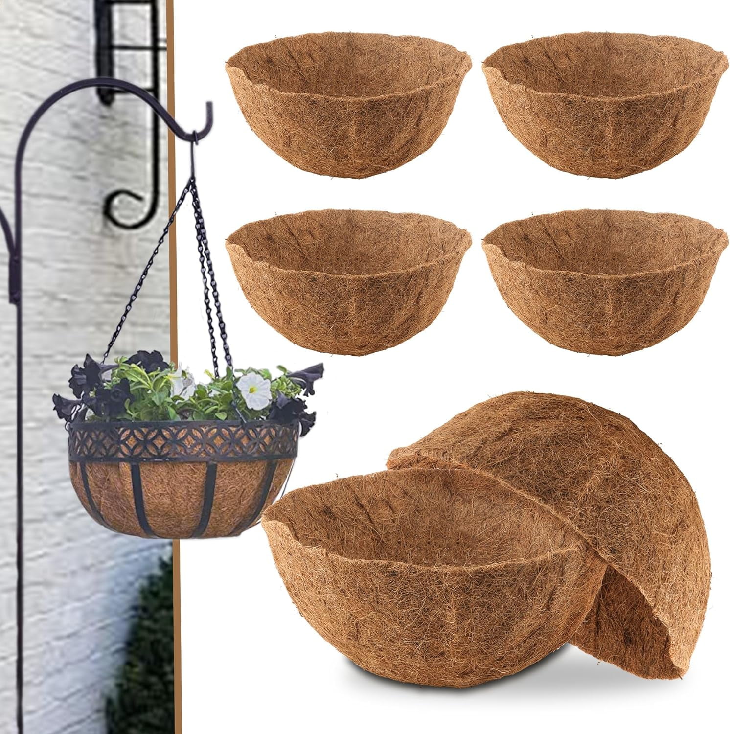 6 Pcs Hanging Basket Coco Liners Replacement - Natural Round Coconut ...