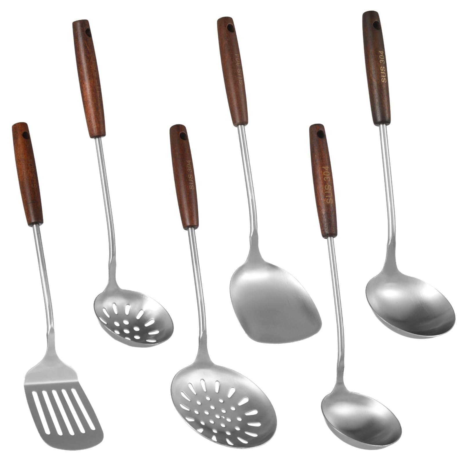 6 Pcs Hanging Wok Cooking Utensils, Stainless Steel With Wooden Handle ...