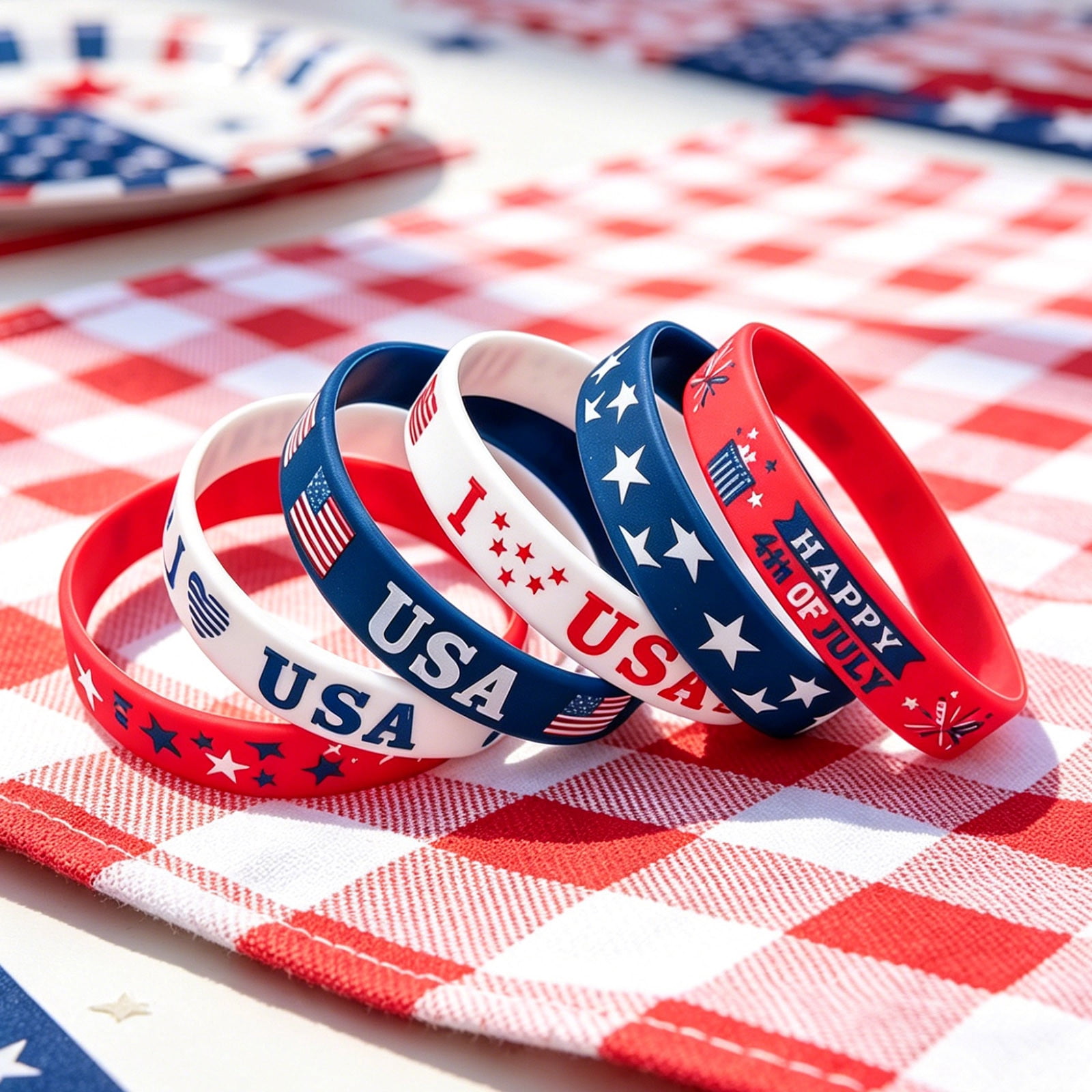 6 Pcs Independence Day Silicone Wristbands, Red White Blue USA Flag ...