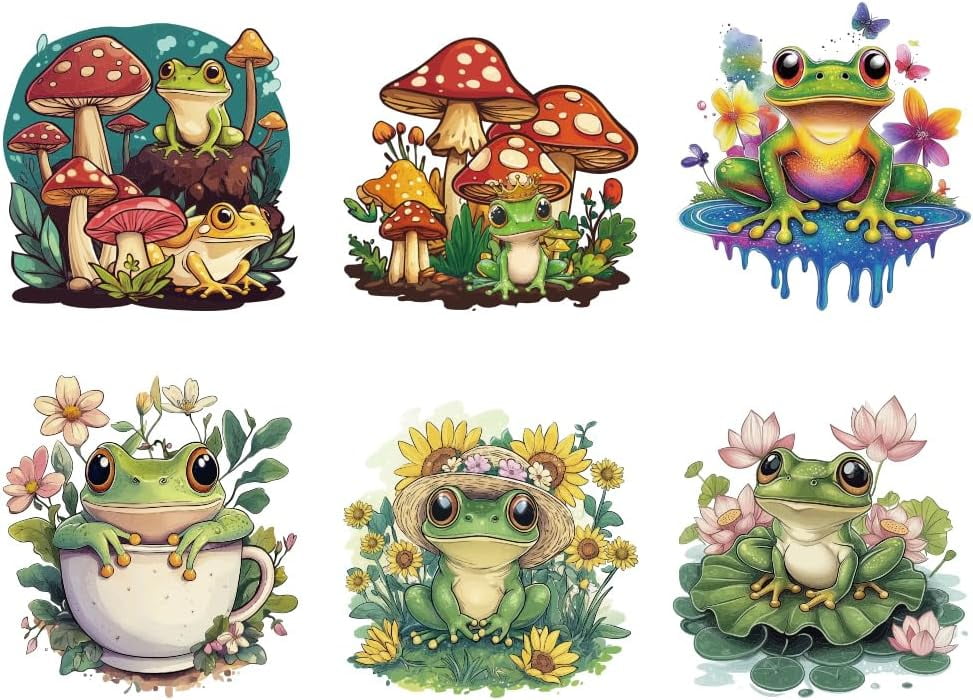 6 Pcs Iron on Decals Patches 6 Sizes Frog Animal Mushroom Iron on Stickers Flowers Butterfly ...