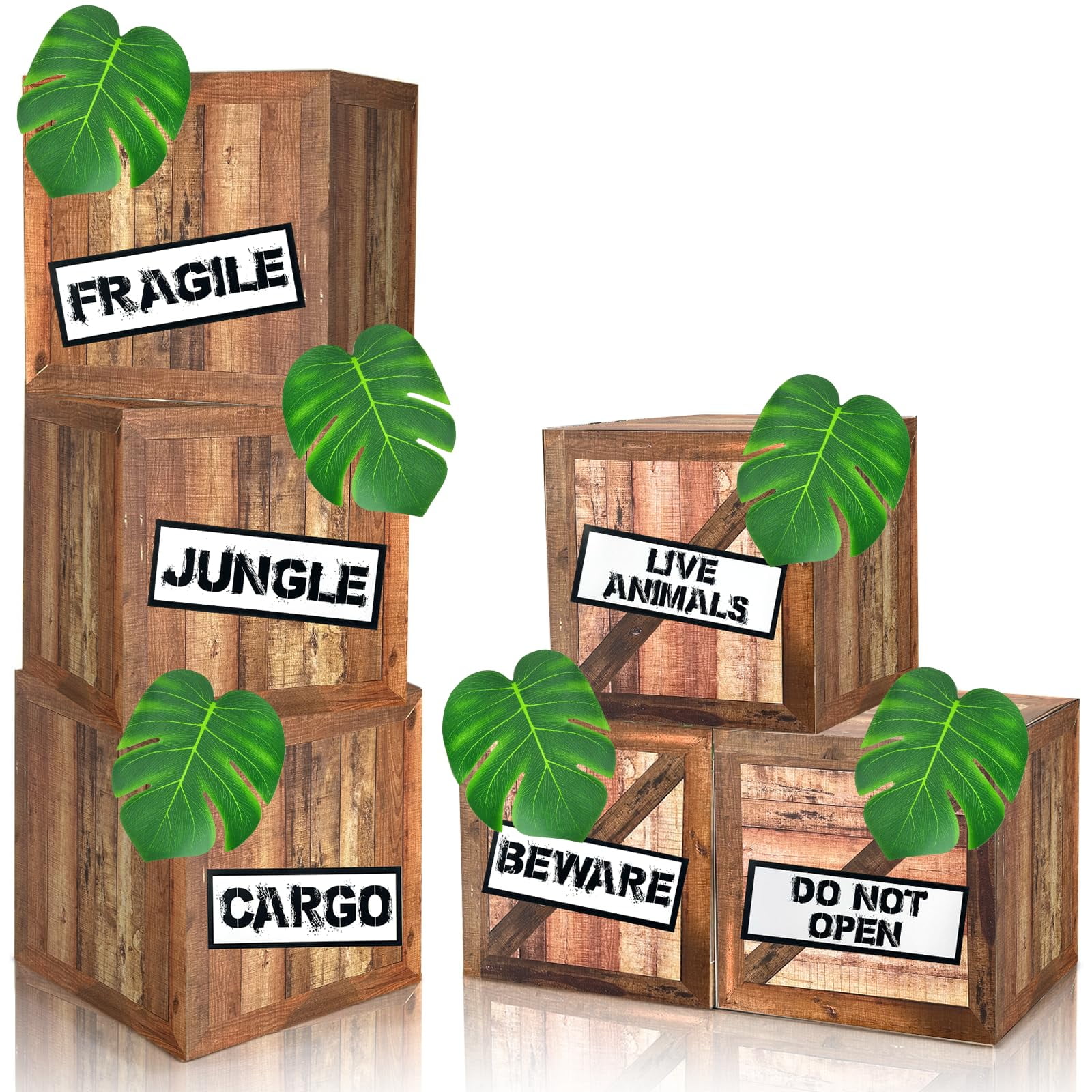 6 Pcs Jungle Party Boxes 12 x 12 x 12 Inch and 6 Artificial Palm Leaves ...