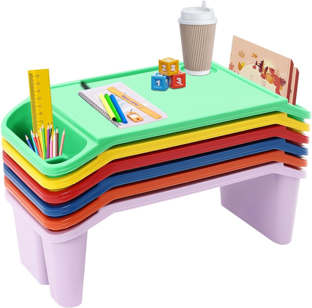 6 Pcs Kids Lap Desk Tray w/Storage Plastic Breakfast Laptop Tray w/Side ...