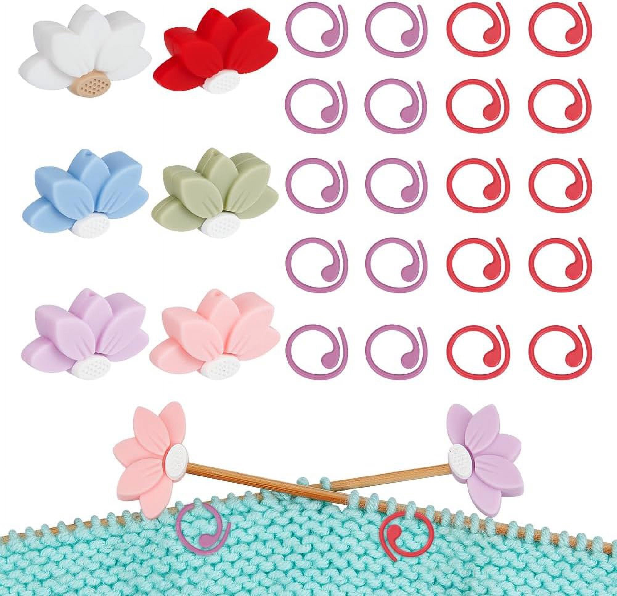 6 Pcs Knitting Needle Stoppers 20 Pcs Knitting Stitch Marker Rings ...