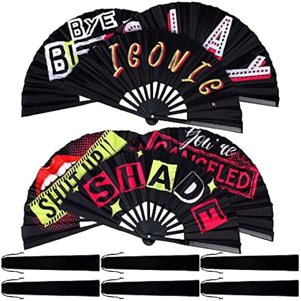 6 Pcs Large Hand Fan Rave Iconic Shade Bye Folding Bamboo Handheld ...