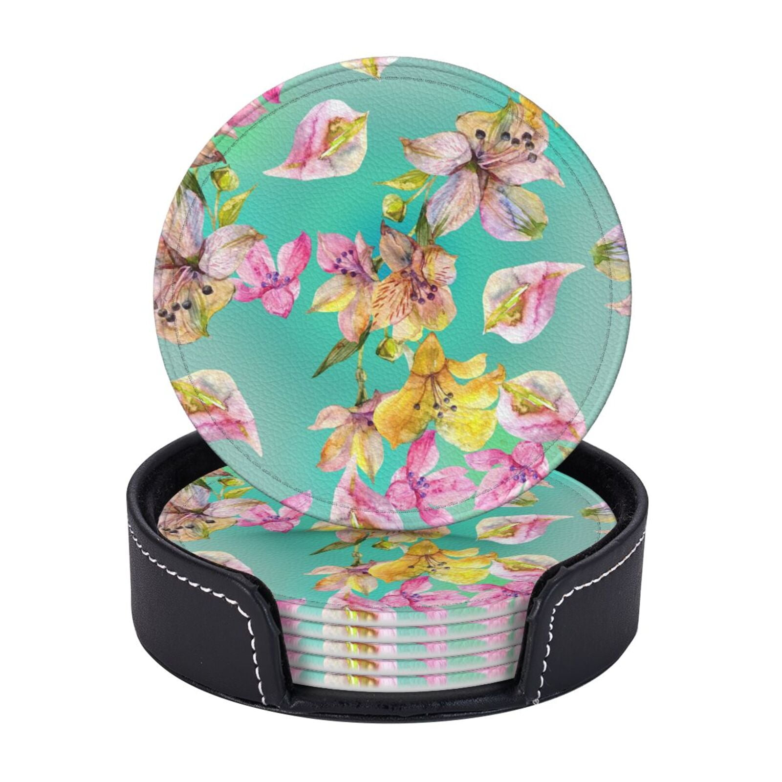 6 Pcs Leather Coasters,Beautiful Watercolor Alstroemeria Flowers ...