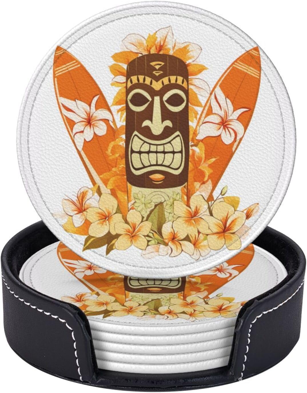 6 Pcs Leather Coasters for Drinks with Holder Hawaii Aloha Tiki Coaster ...