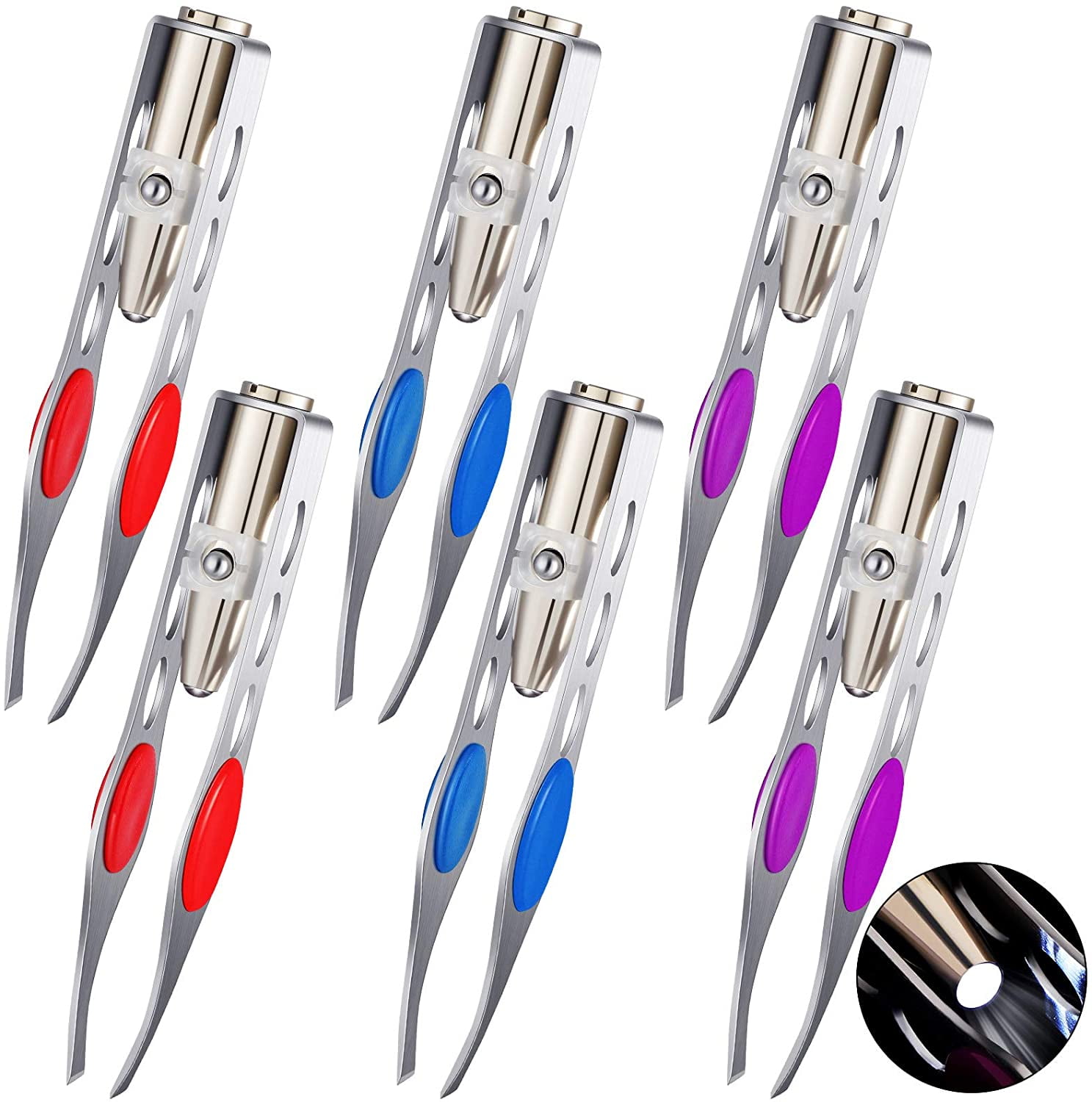 6 Pcs Light Stainless Steel Tweezers with LED, Makeup Eyelash Eyebrow ...