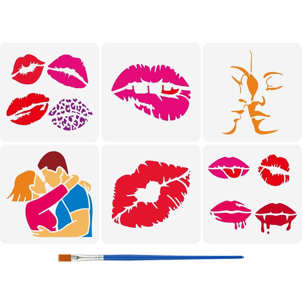 6 Pcs Lip Stencil with Paint Brush 5.9x5.9Inch 6 Styles Love Symbol ...