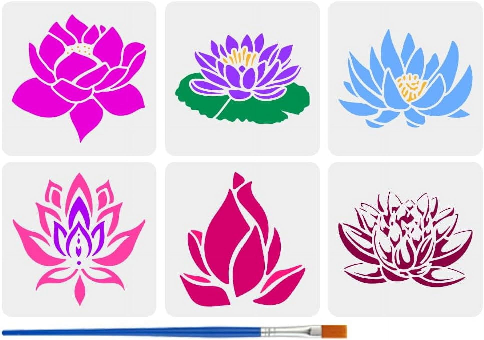 6 Pcs Lotus Flowers Stencil with a Paint Brush 6Styles Water Lily ...