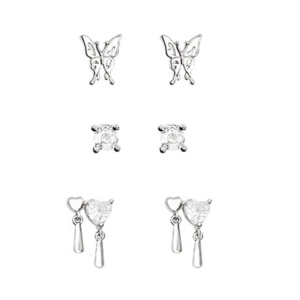 6 Pcs Micro-set Zircon Butterfly Earrings Punk Heart Fluttering Dancing ...