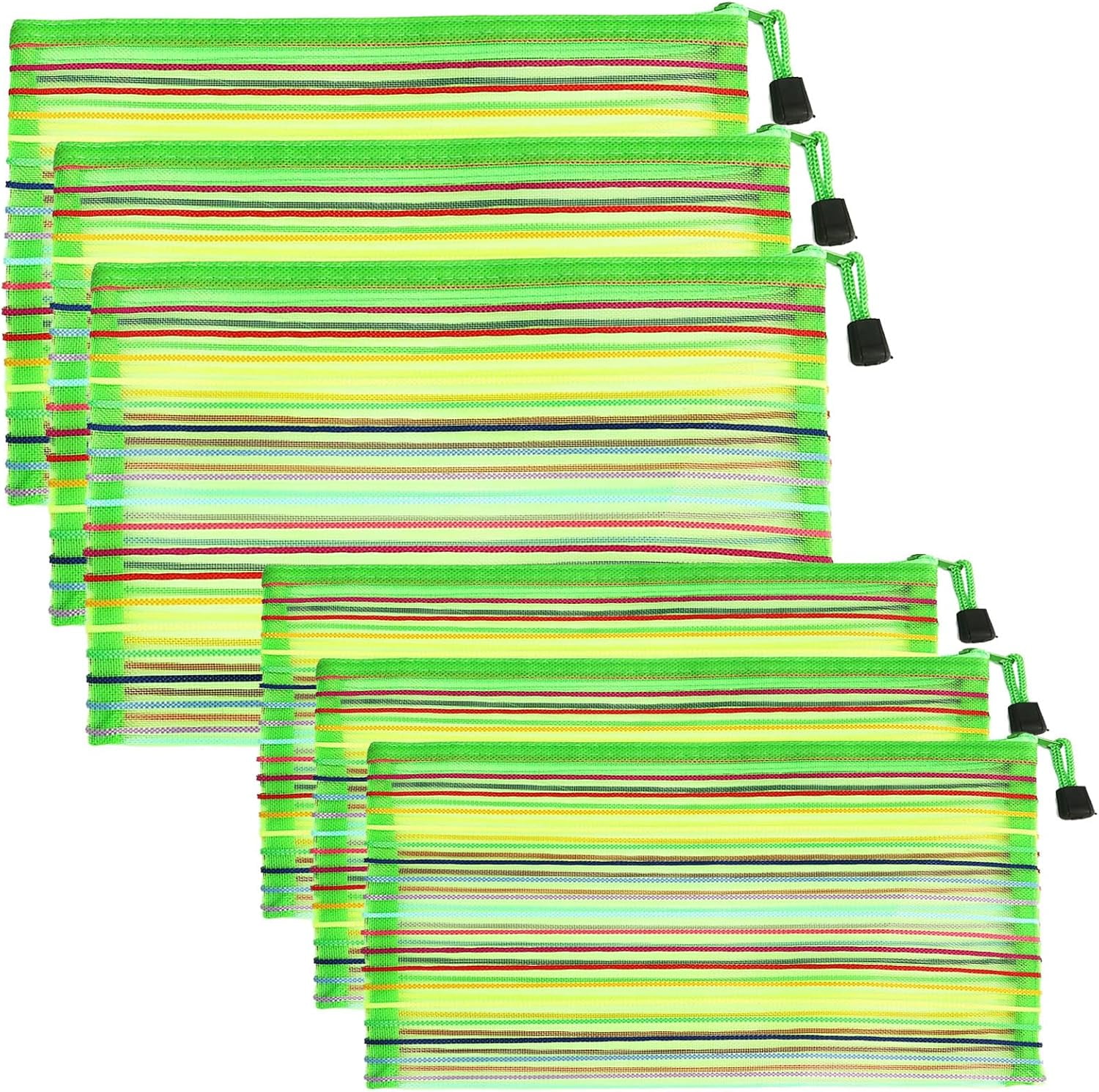6 Pcs Multi Size Striped Green Nylon Mesh Bags Zipper Makeup Bag ...