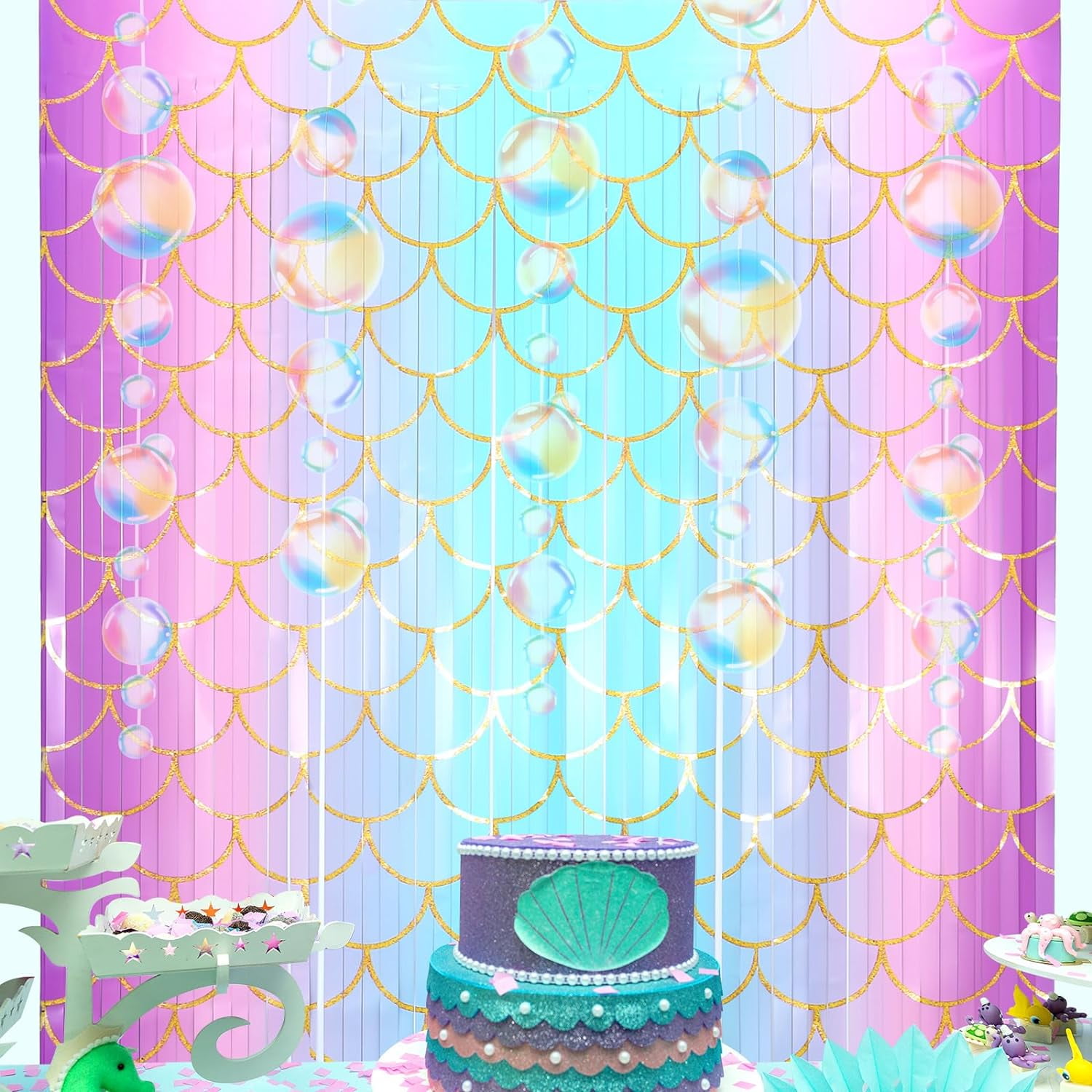 6 Pcs Ocean Mermaid Birthday Backdrop Glitter Tinsel Foil Fringe ...