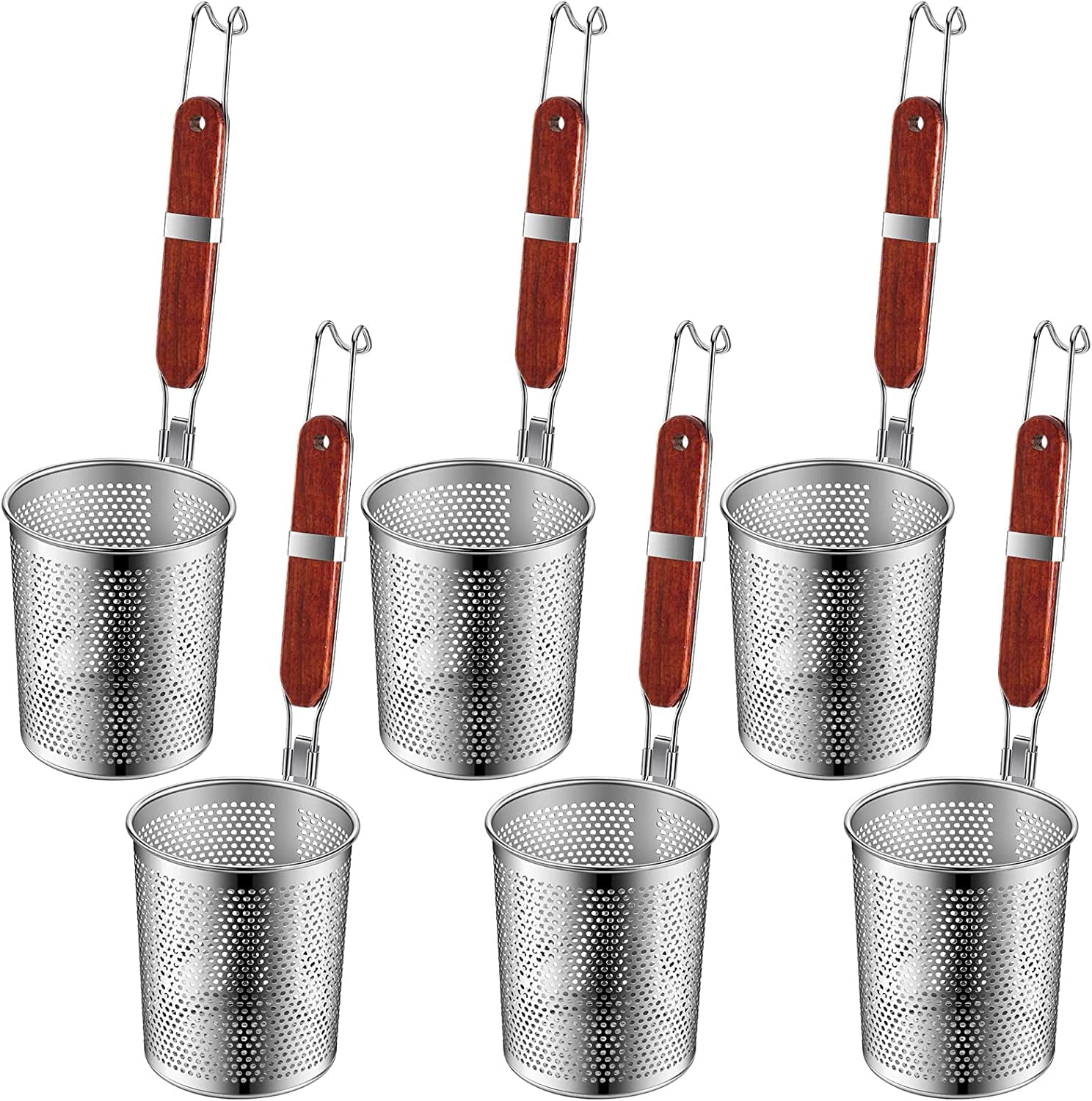 6 Pcs Pasta Cooker Stainless Steel Pasta Basket with Wood Handle Kitchen Mesh Spider Noodle ...