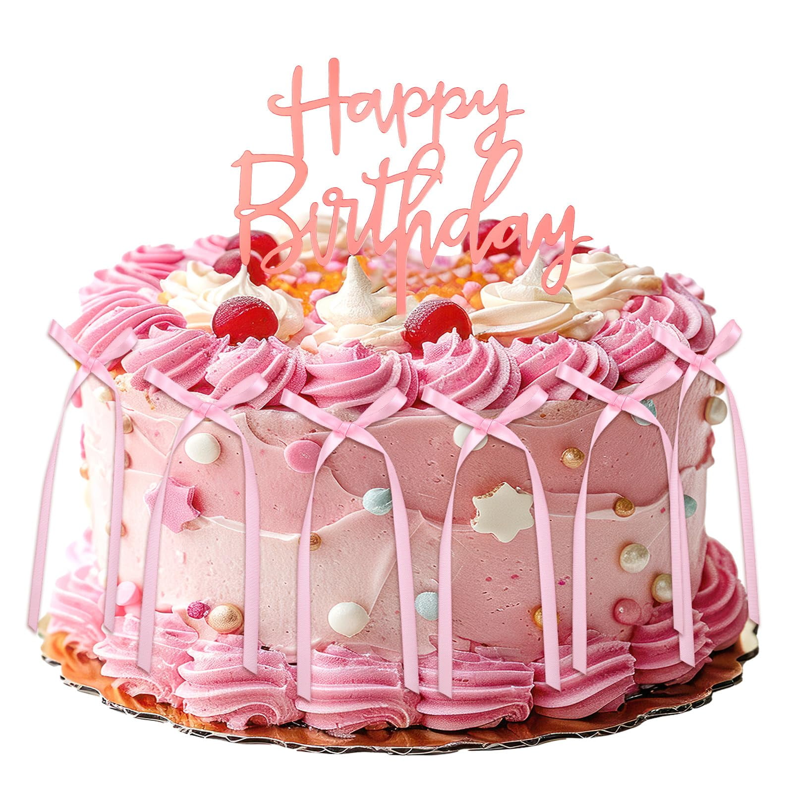 6 Pcs Pink Bow Cake Topper BSL1 Ribbion with Happy Birthday Cake Insert ...