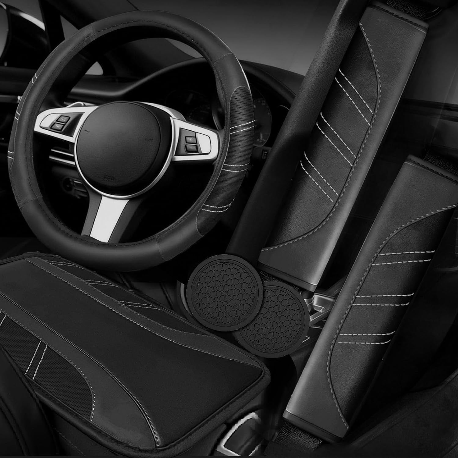 6 Pcs Pink Car Accessories Set, Sport Leather Steering Wheel Cover 14.5 ...