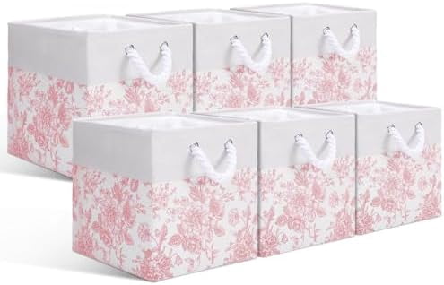 6 Pcs Pink Floral Cube Storage Bins 11.22 Inch Square Storage Basket ...