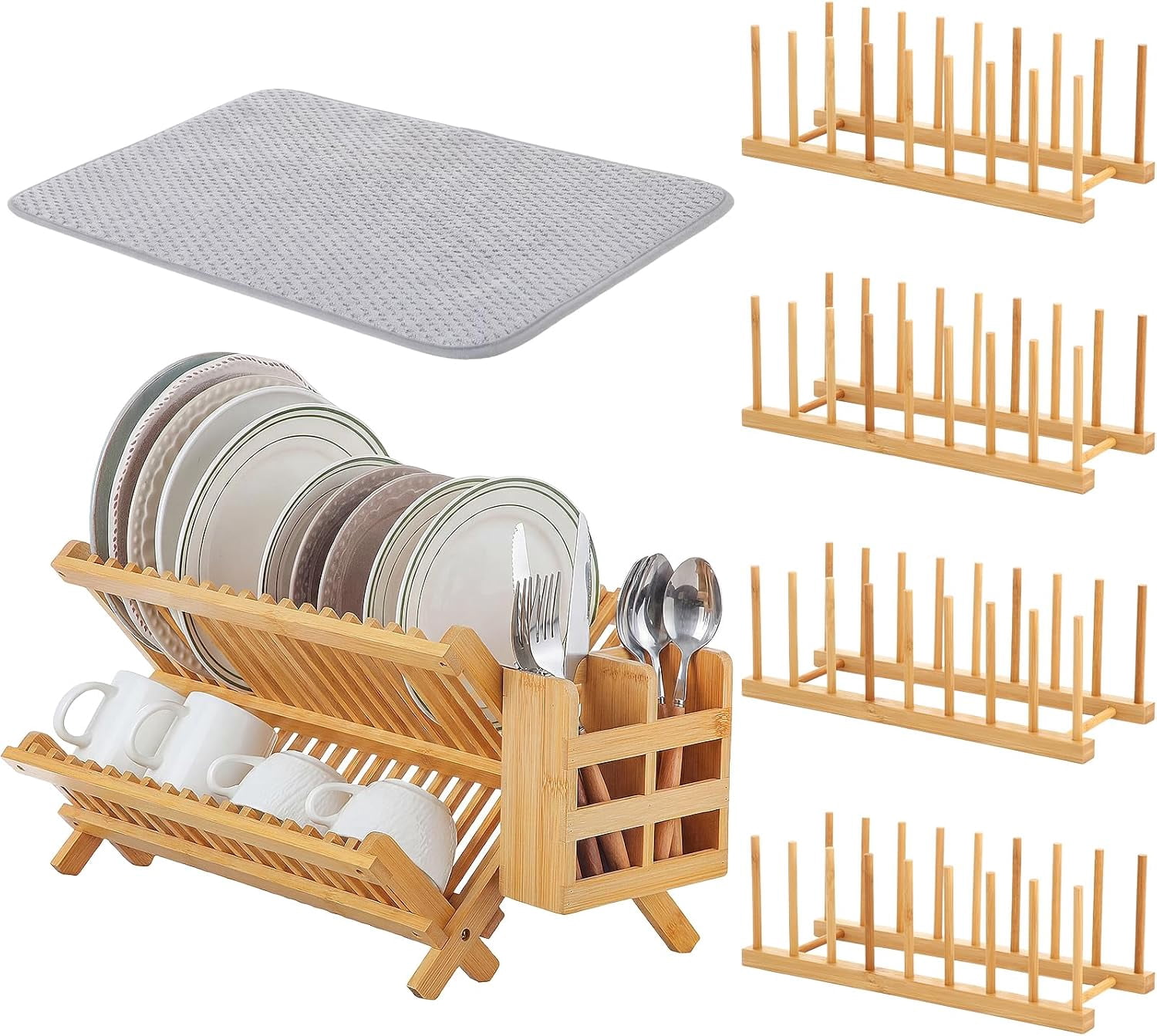 6 Pcs Plate Organizer Set for Cabinet 2 Tier Bamboo Collapsible Dish ...