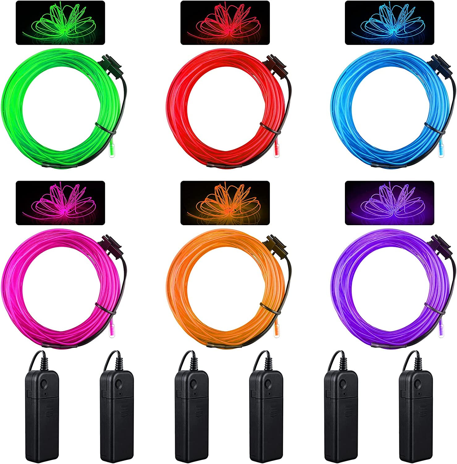 6 Pcs Portable Wearable LED Lights Neon El Wire, Battery Operated, Glow ...