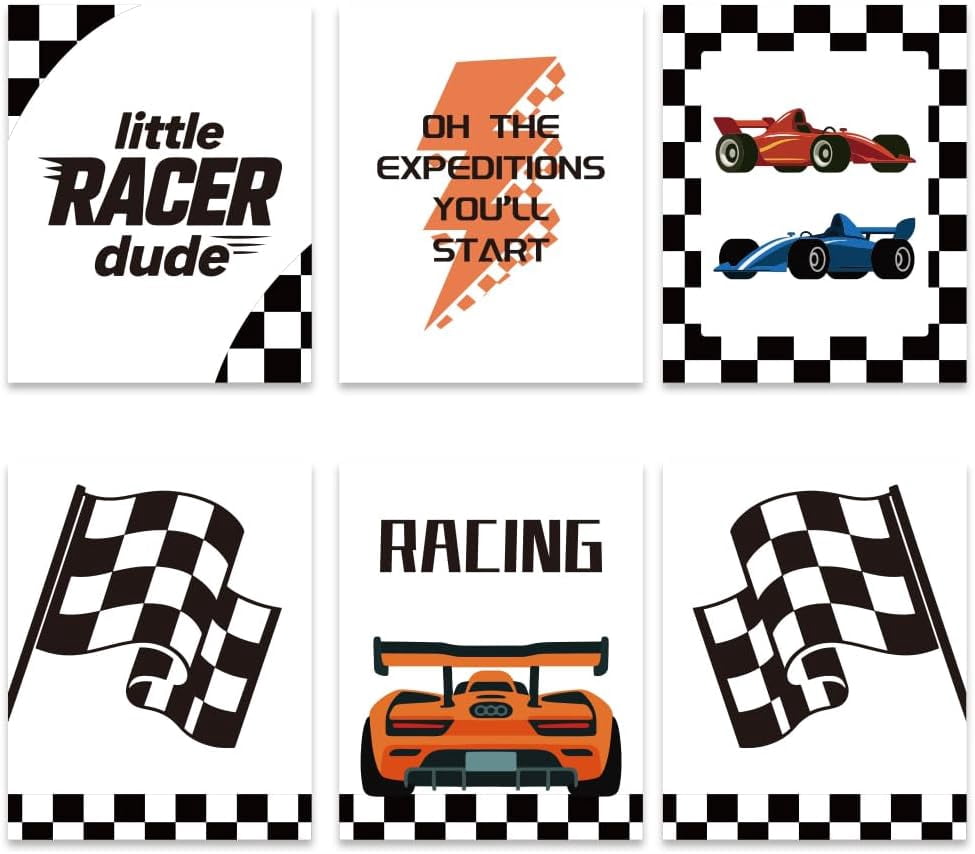 6 Pcs Race Car Wall Art Little Racer Dude Posters Inspirational Quote ...