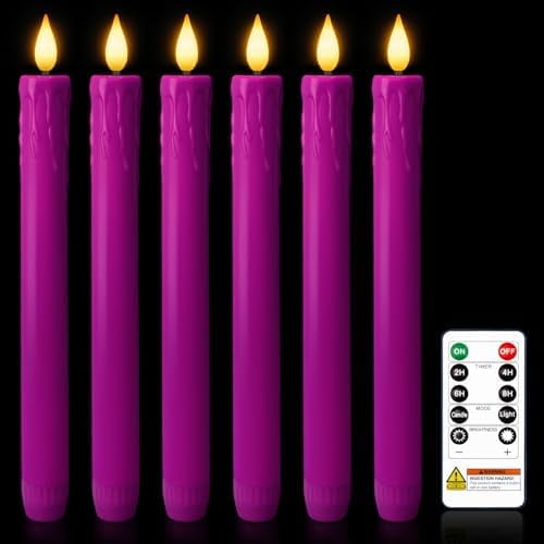 6 Pcs Real Wax Purple Flameless Taper Candles with Remote Timer, 9.6 ...