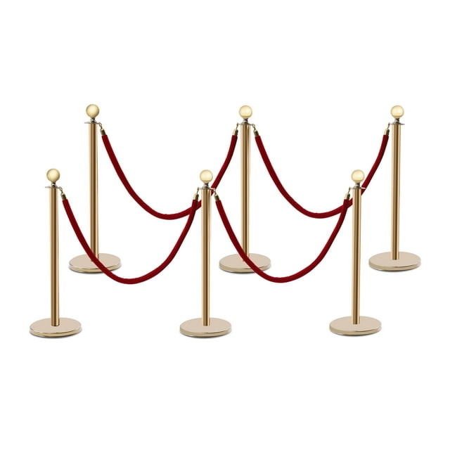 6 Pcs Red Velvet Rope + Gold Stanchion Post Set Crowd Control Queue ...