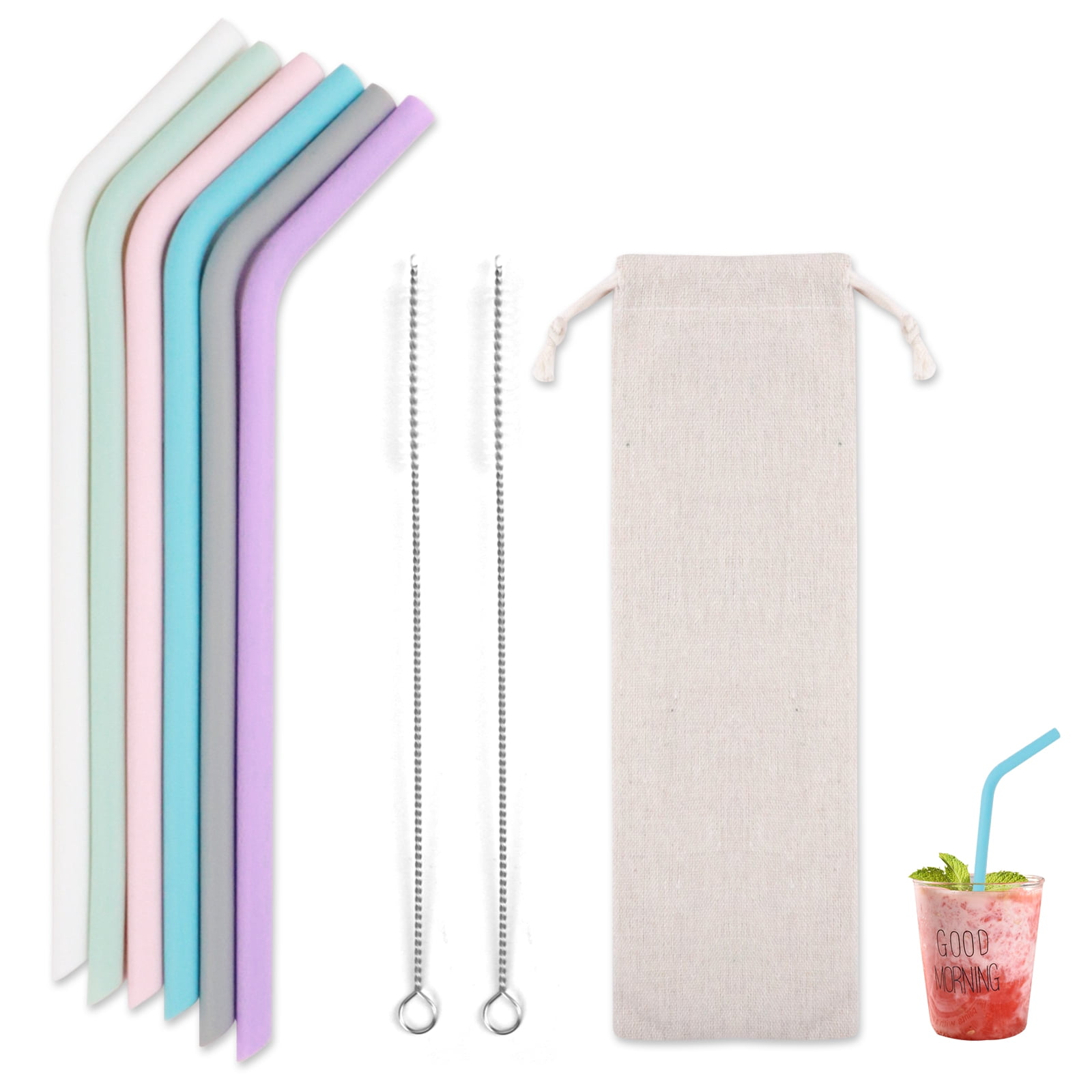6 Pcs Reusable Silicone Straws, 1 Carring Bag and 2 Cleaning Brushes 8. ...