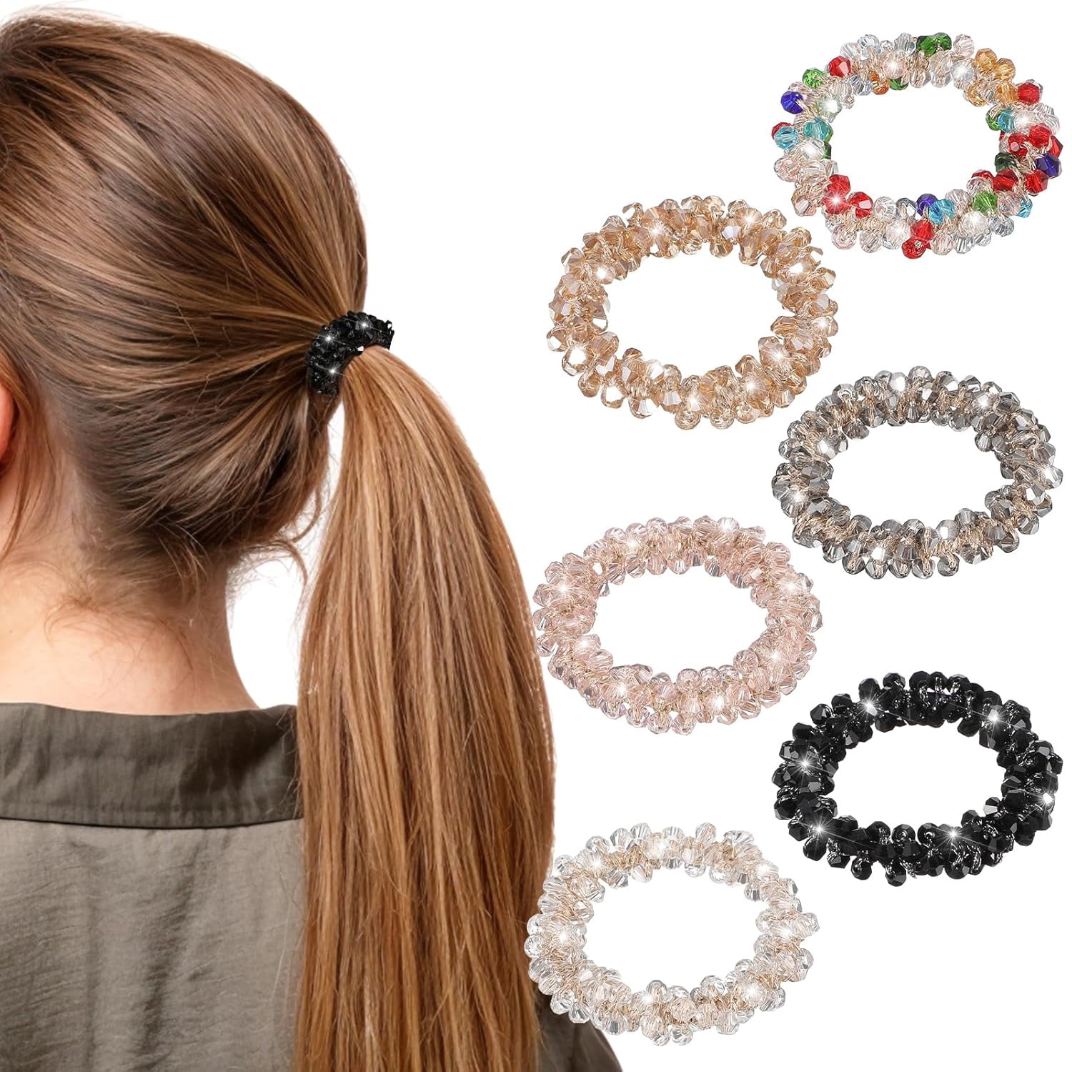 6 Pcs Rhinestone Hair Ties Fancy Elastic High Ponytail Holder Stretchy ...